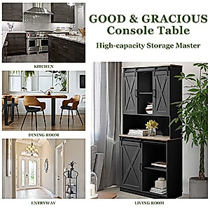 GOOD & GRACIOUS Kitchen Pantry Freestanding Hutch Storage Cabinet with Sliding Barn Door Black Paint Finish