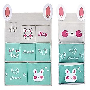 KINGREE 2PCS Wall Closet Hanging Storage Bag with Hooks Premium Linen Fabric Over The Door Organizer, Hanging Storage Pouches with 3 Pockets and 7 Pockets for Bedroom Bathroom (Rabbit)