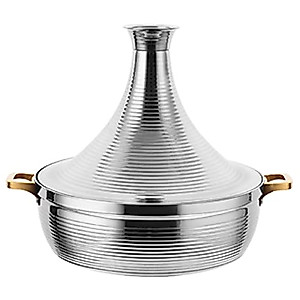 Moroccan Tagine Pot, 22cm Stainless Steel Tajine Stew Casserole Slow Cooker Tagine Cooking Cookware with Cone-Shaped Closed Lid for 1-2 People,Silver