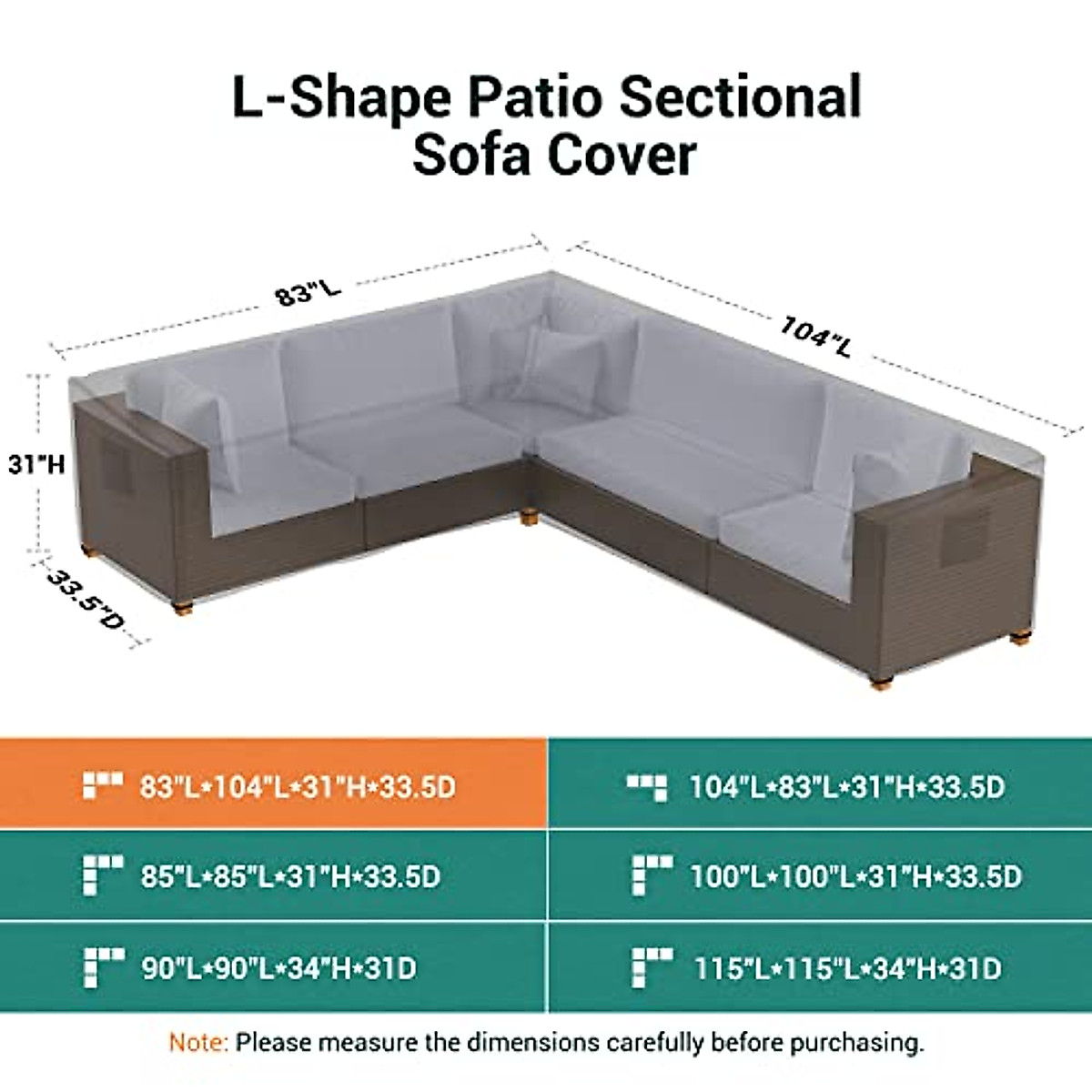 Mrrihand Patio L-Shaped Sectional Sofa Cover, Waterproof Outdoor Sectional Cover,Heavy Duty Garden Furniture Cover with Air Vent 83W*104D*31H/33.5