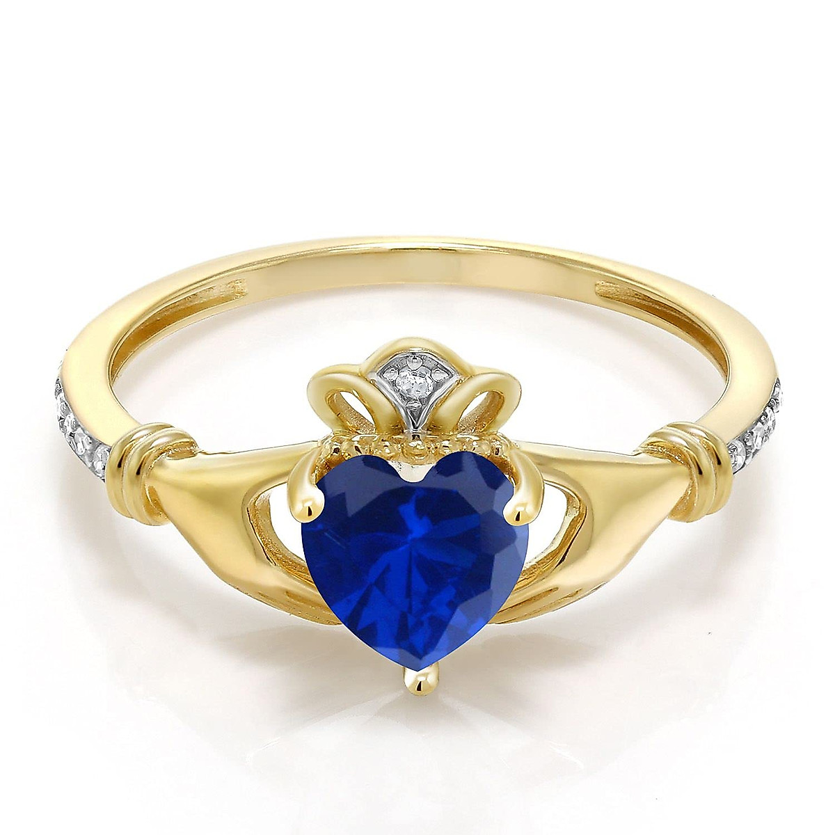 Gem Stone King 10K Yellow Gold Irish Celtic Claddagh Blue Created Sapphire and Diamond Accent Women Ring (0.86 Cttw, Available In Size 5, 6, 7, 8, 9)