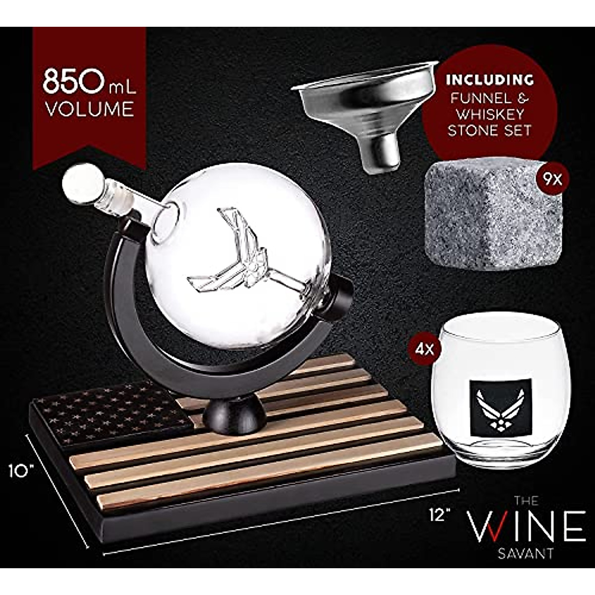 Father's Day Whiskey Decanter Set with 4 Liquor Glasses Air Force Whisky Decanter & Glass Set with Wood Base & 9 Whiskey Stones - US Airforce Gifts for Men - Globe Bourbon & Scotch Gifts for Dad