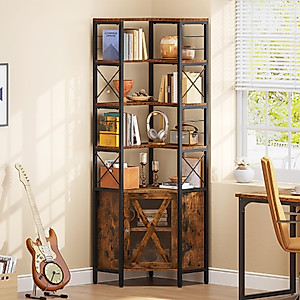 YITAHOME Corner Bookshelf with Storage, 7-Tier Corner Shelf with Doors, Large Corner Bookcase Display Rack for Living Room Bedroom Home Office, Rustic Brown