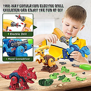Dinosaur Toys for 3, 4, 5, 6, 7 Year Old Boys, Take Apart Toys with Electric Drill for Kids, STEM Educational Construction Building Toys, Ideal Xmas Birthday Gift, Incl Tyrannosaurus Rex Triceratops