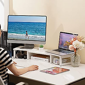 Giikin Dual Monitor Stand Riser - Office Desktop Organizer, Angle & Length Adjustable, 3 Shelf, Multifunctional Stand for Computer, Laptop, PC, TV (White)