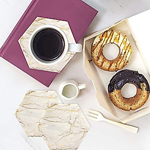 Marble Coasters for Drinks Absorbent with Cork Base, 8pcs Drink Coasters for Wooden Table with Metal Holder, Gold Ceramic Cup Coaster Set Rustic Home Decor for Living Room Bar - Housewarming Gifts