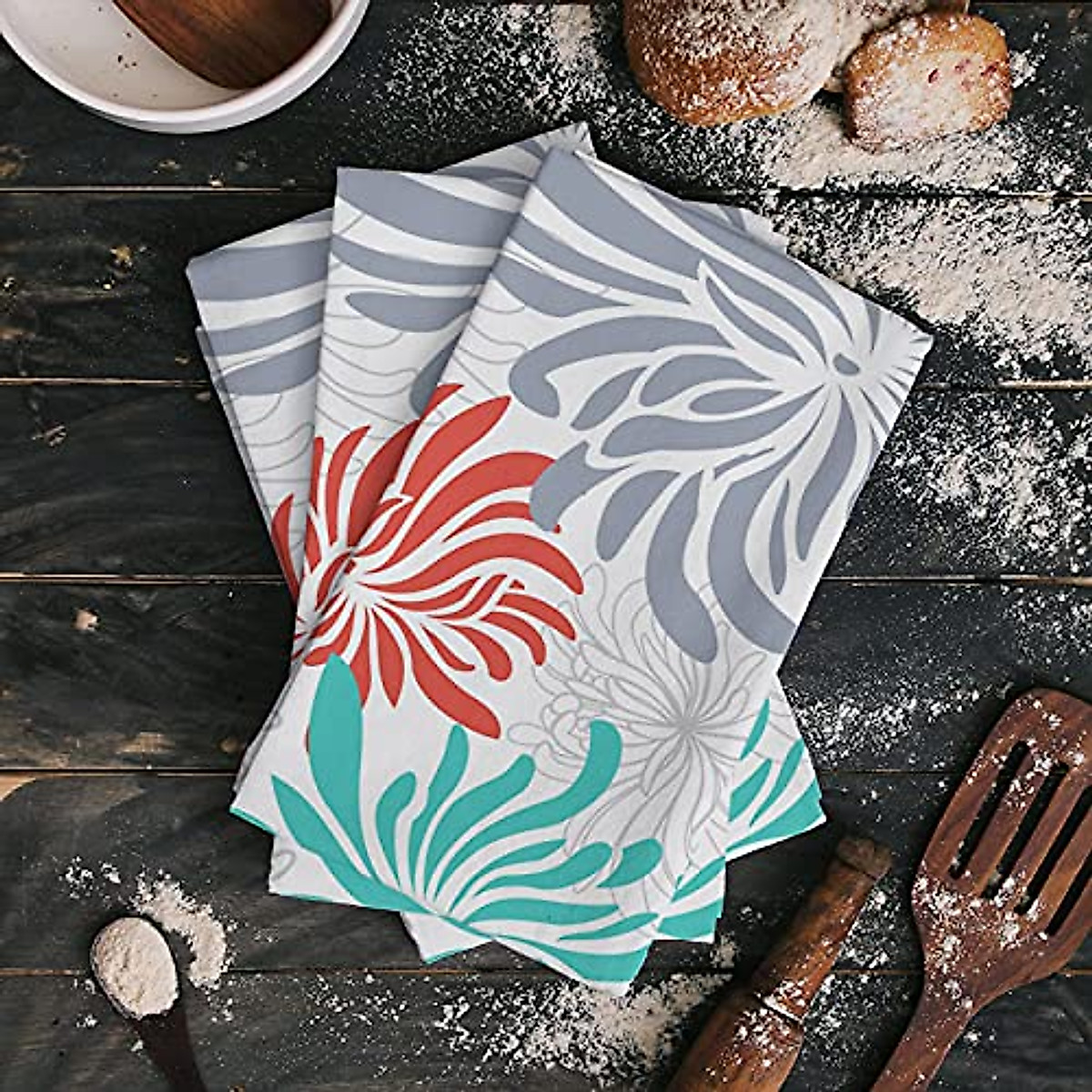 Zadaling Chrysanthemum Red Green Gray Turquoise Kitchen Towels, 18x28 Inches Soft Dish Cloth,Cotton Tea Towels/Bar Towels/Hand Towels for Bathroom(2 Pack)