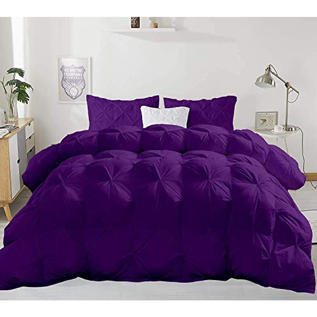 All-Season 500 GSM Egg Plant Goose Down 5 Pieces Quiled Pinch Pleated Comforter Set ( Comforter + 4 Pillow Cases ) 1000 Series Egyptian Cotton Duvet Insert Oversized Queen