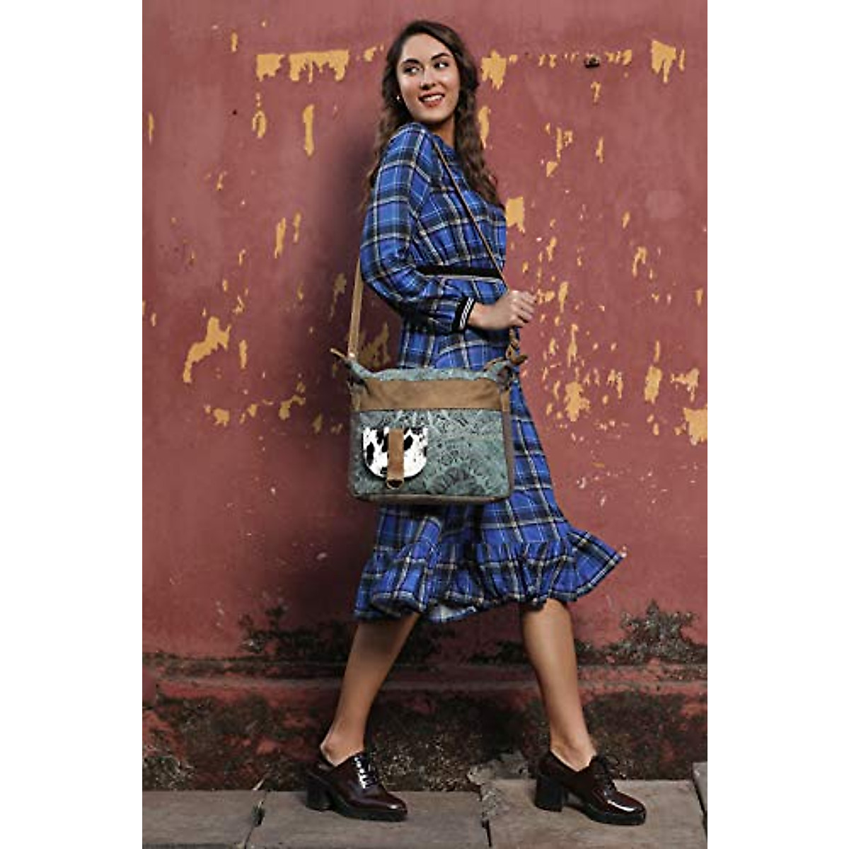 Myra Bag Puerile Upcycled Canvas & Cowhide Shoulder Bag S-1454, Blue