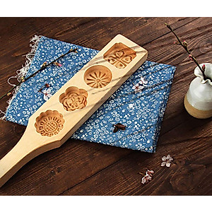 K JINGKELAI MoonCake Mold Chinese Traditional Mid-autumn Festival Moon Cake Mold 4 Flowers Wooden Handmade Baking Mold for Muffin Mooncake Cookie Biscuit Chocolate Pumpkin Pie