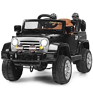 Costzon Ride On Car, 12V Battery Powered Car w/2 Motors, Parental Remote Control, Open Doors, Lights, MP3, Music, Horn, Spring Suspension, High/Low Speed, Electric Ride On Truck for Kids (Black)
