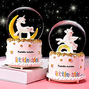 VECU Unicorn Snow Globe, 80 MM Automatic Snowfall Cartoon Moon Music Box Home Decoration for Girls Kids Granddaughters Babies Birthday Gift, Musical, Resin/Glass