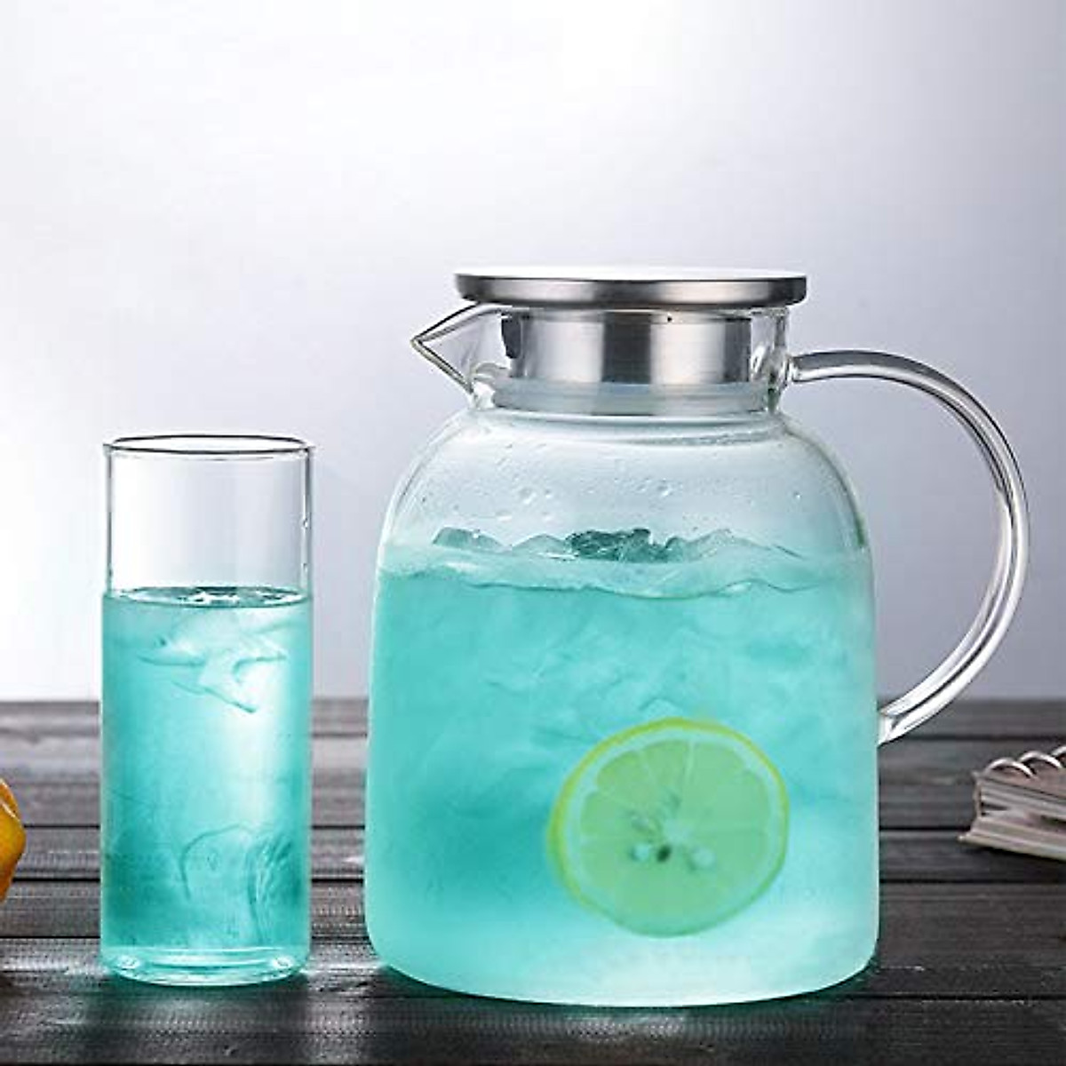 Hedume 2 Liter 68 Ounces Glass Pitcher with Lid, Large Heat Resistant Glass Beverage Pitcher, Glass Water Pitcher with Lid and Handle, Carafe for Iced Tea, Wine, Coffee, Milk and Juice Beverage