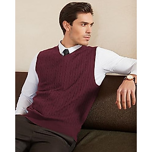 Kallspin Men’s Wool Blended Cable Knit Vest Sweater V Neck Relaxed Fit Sleeveless Pullovers (Burgundy Red Medium)