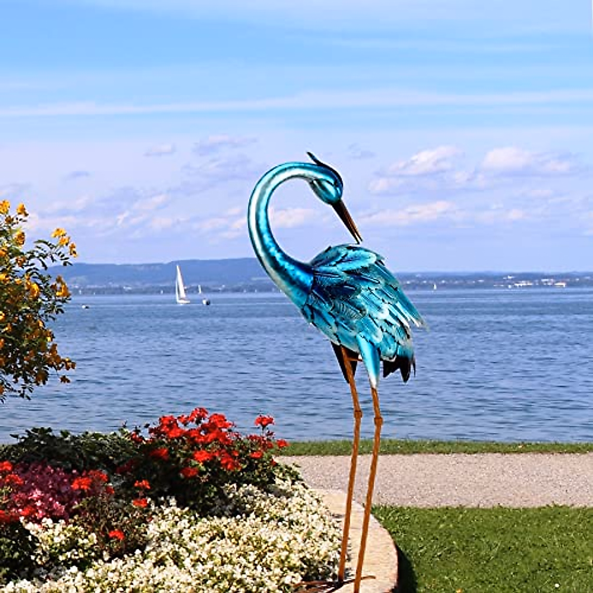 Chisheen Crane Garden Statues, Metal Garden Crane Outdoor, Blue Heron Sculpture Metal Yard Art, Large Garden Heron Decoy, Bird Statues, Lawn Ornaments for Backyard Pond Patio Porch Outside Decorations