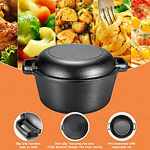 LIFERUN Dutch Oven Pot with Lid, 5.1 Quart Pot without Lid + 1.9 Quart Lid - Cast Iron Dutch Oven with Lid - Lid Doubles as Cast Iron Skillet - Silicone Handle Holders, Iron Stand - Use in the Oven, Stove, BBQ, Grill, Campfire