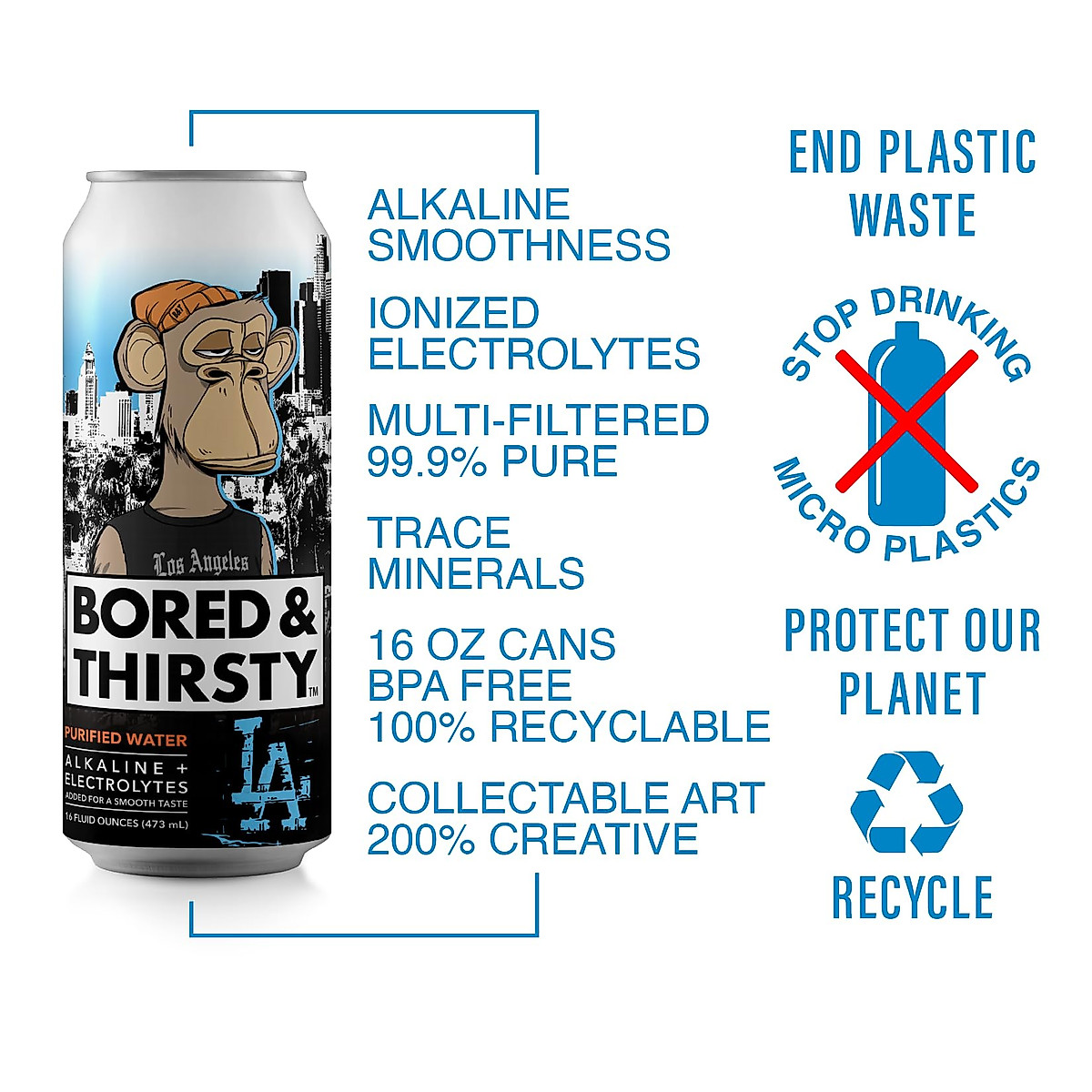 Bored & Thirsty Ionized Alkaline Water with Electrolytes & Trace Minerals for a Smooth Taste. Limited Edition Art Collabs 100% Recyclable 16 Fl Oz Aluminum Cans (4 Pack). Stop Single Use Plastic!