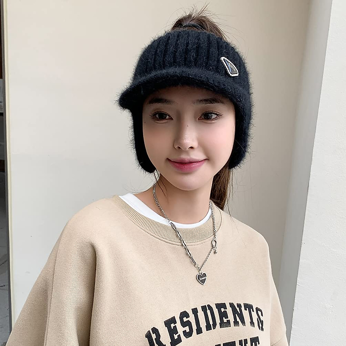 YUSSTAR Open Beanie with Earflaps Visor Brim Bun Ponytail Winter Golf Tennis Hats Women (Black)