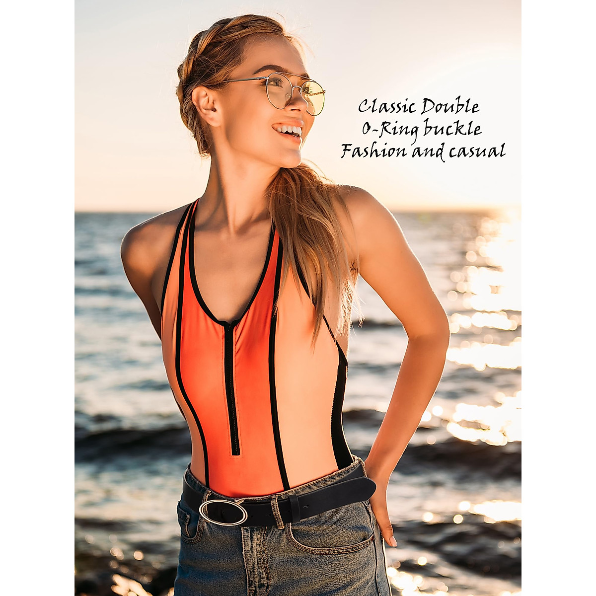 Syhood 2 Pack Women's Leather Belts for Jeans Dresses Fashion Ladies Belt with Gold Double Ring Buckle Brown Black