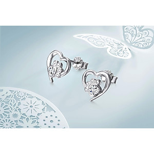 Heart Paw Jewelry 925 Sterling Silver Cute Heart CZ Cat Puppy Dog Paw Print Stud Earrings for Women Friends Birthday Jewelry (Nickel Free)