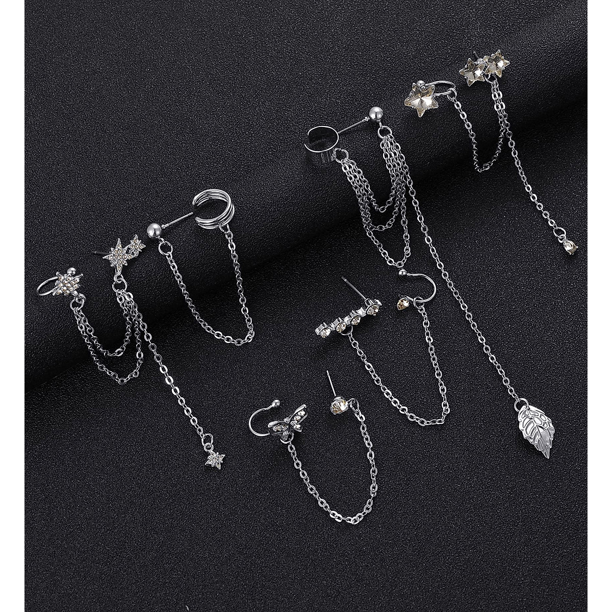 Tornito 6Pcs Cuff Earring Chain Leaf Snowflake Star Butterfly with CZ Crawler Climber Earring Studs Drop Dangling Chain Wrap Tassel Earring for Women Men 20G Silver Tone