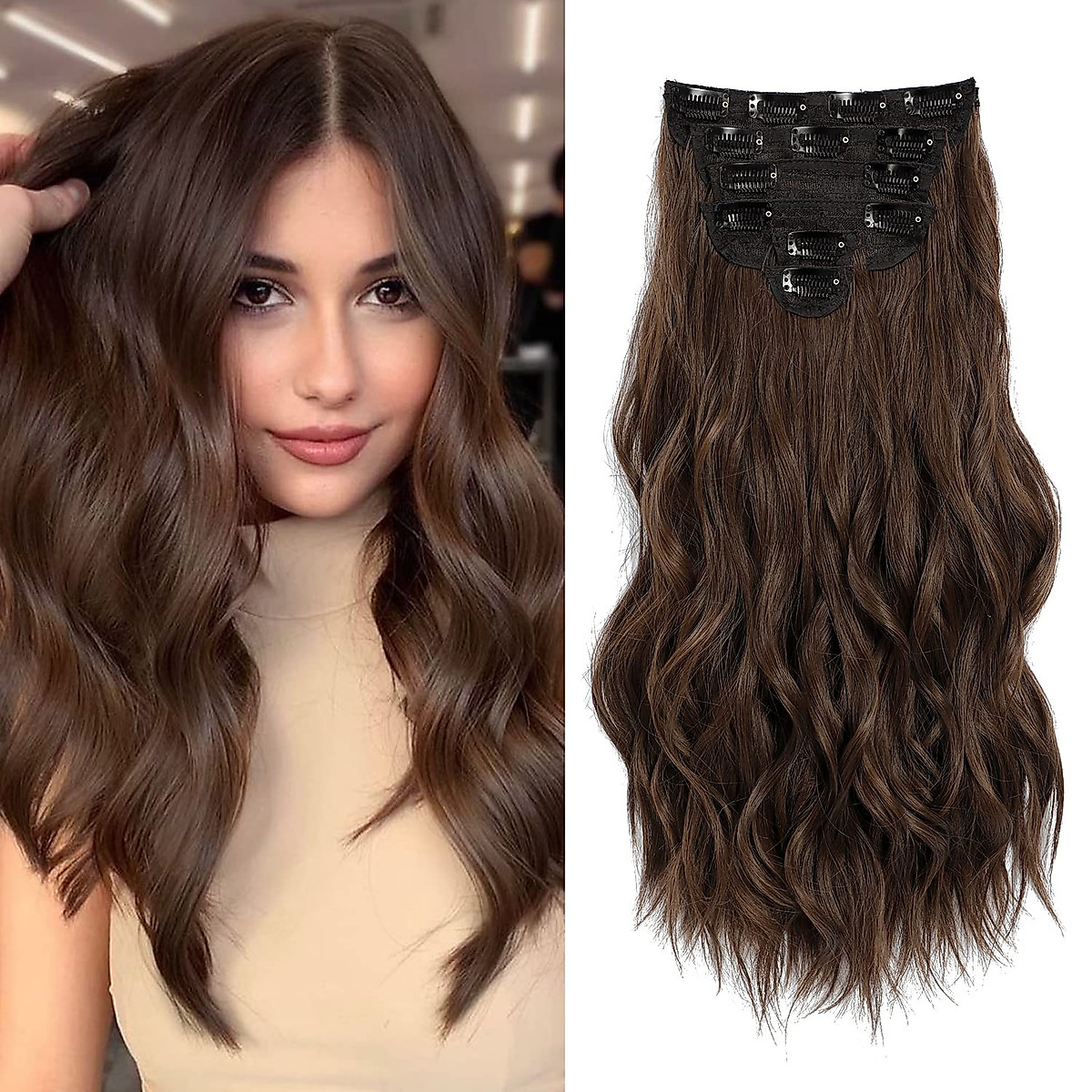 Clip in Hair Extensions, 6 PCS Light Brown Extensions, Wavy Hair Extensions, Natural & Soft Hair & Blends Well Hair Extensions, Chocolate Brown Long Wavy Hairpieces(20inch, 6pcs, Chocolate Brown)
