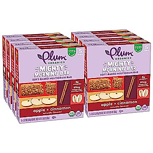 Plum Organics Snack Bars Mighty Morning Apple Cinnamon 5 Count 8 Pack Organic Snack for Kids, Toddlers, New Look, Packaging May Vary
