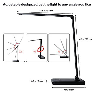Kitys Fatch LED Touch Sensing Desk Lamp with USB Charging Port, 5 Lighting Modes, 5 Levels of Brightness, 30/60 Minutes Auto Timer, Foldable Desk Lamp for Bedroom, Study Room, (Black)