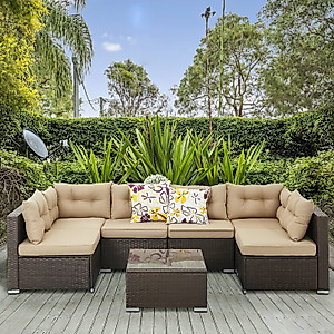 YITAHOME 7 Pieces Patio Furniture Set, All-Weather PE Rattan Conversation Set, Outdoor Sectional Sofa Wicker Outside Couch with Table for Porch Lawn Garden Backyard (Brown)