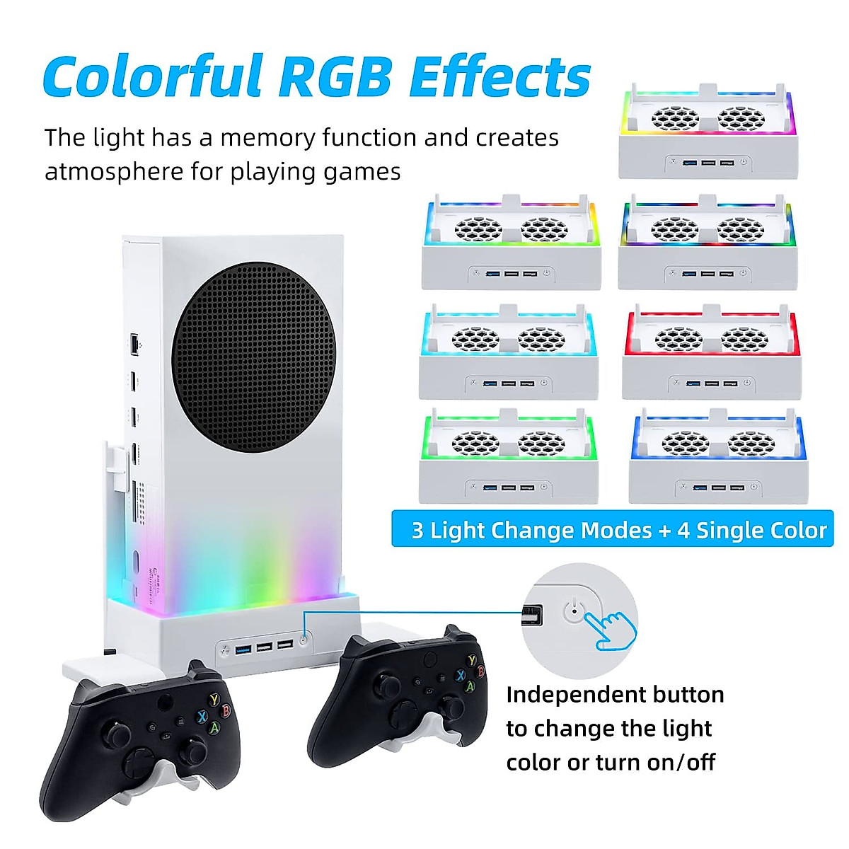 Mcbazel Wall Mount Kits with Cooling Fan for Xbox Series S, RGB Color LED Cooling System Stand with 3-Level Adjustable Speed, Extra 3 USB Port & 2 Controller Holder