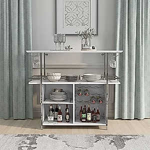Furniture of America Linda Glam Faux Marble Multi-Storage Bar Table with Comfortable Footrest for Dining Room, Kitchen, White and Chrome