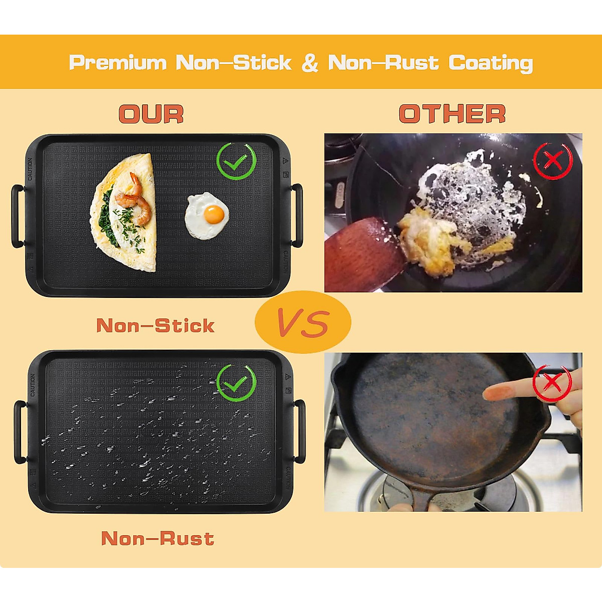 Non-Stick Aluminum Stove Top Flat Griddle, Warp-Resistant Double Burner Griddle for Glass and Gas Stove, Great for Breakfast and BBQ Indoor or Outdoor 17" x 10.5"