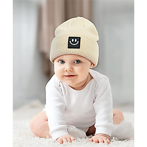 upeilxd Baby Winter Hat Soft Warm Knitted Beanie Hat with Cute Smile Face Beanie Cap for Toddler Boys Girls Beige