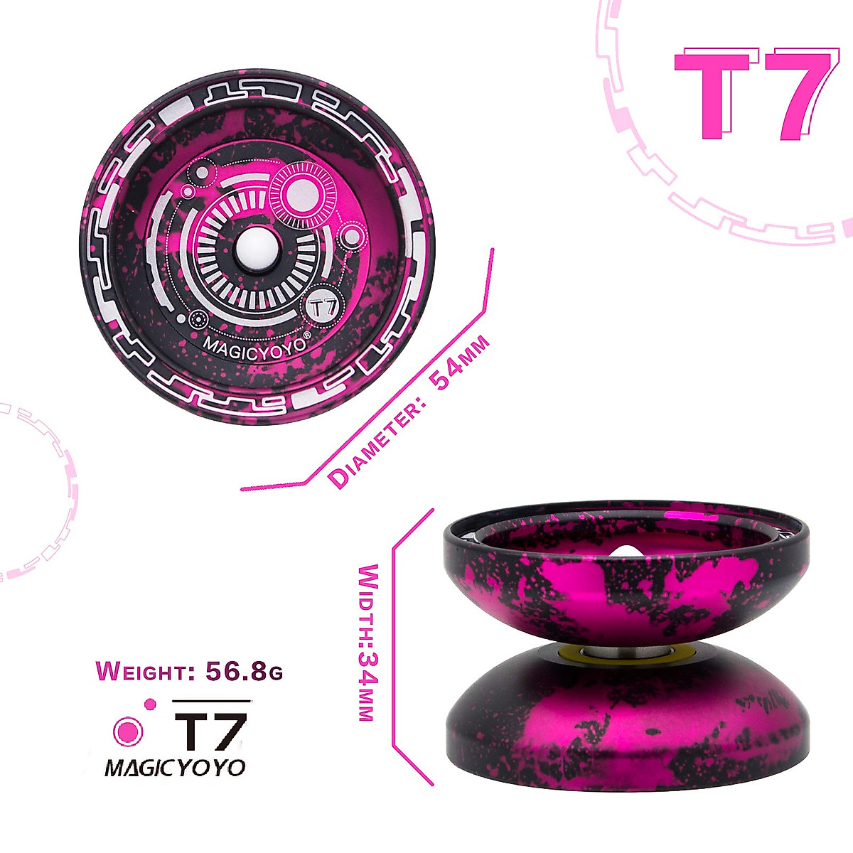 Yoyo T7 Responsive Yoyo for Kids, Aluminum Metal Beginner Yoyos with Narrow C Yoyo Bearing and Extra 5 Yoyo Strings + Yoyo Bag+ Yoyo Glove (Black&Pink Color)