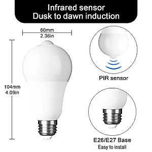 Motion Sensor Light Bulb,Motion Activated Light Bulb,Motion Bulb Indoor,Motion Detector Light,E26 Base Dusk to Dawn Security Night Light Bulb 13.5W Equivalent 100W 6000K Daylight 4 Packs