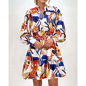 KIRUNDO Women Long Sleeve Dress Button Up Oil Mottled Print Exotic Dresses Casual Loose Elastic Waist A Line Short Dress Party Dress Homecoming Dresses(Blue, Small)