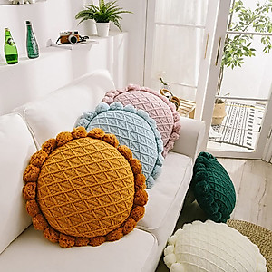 Teieas Bohemian Round Throw Pillows Chair Pad Seat Floor Pillow Cushions Handmade Pompoms Knitted Floor Mat Garden Dining Room Home Decor Outdoor Blush