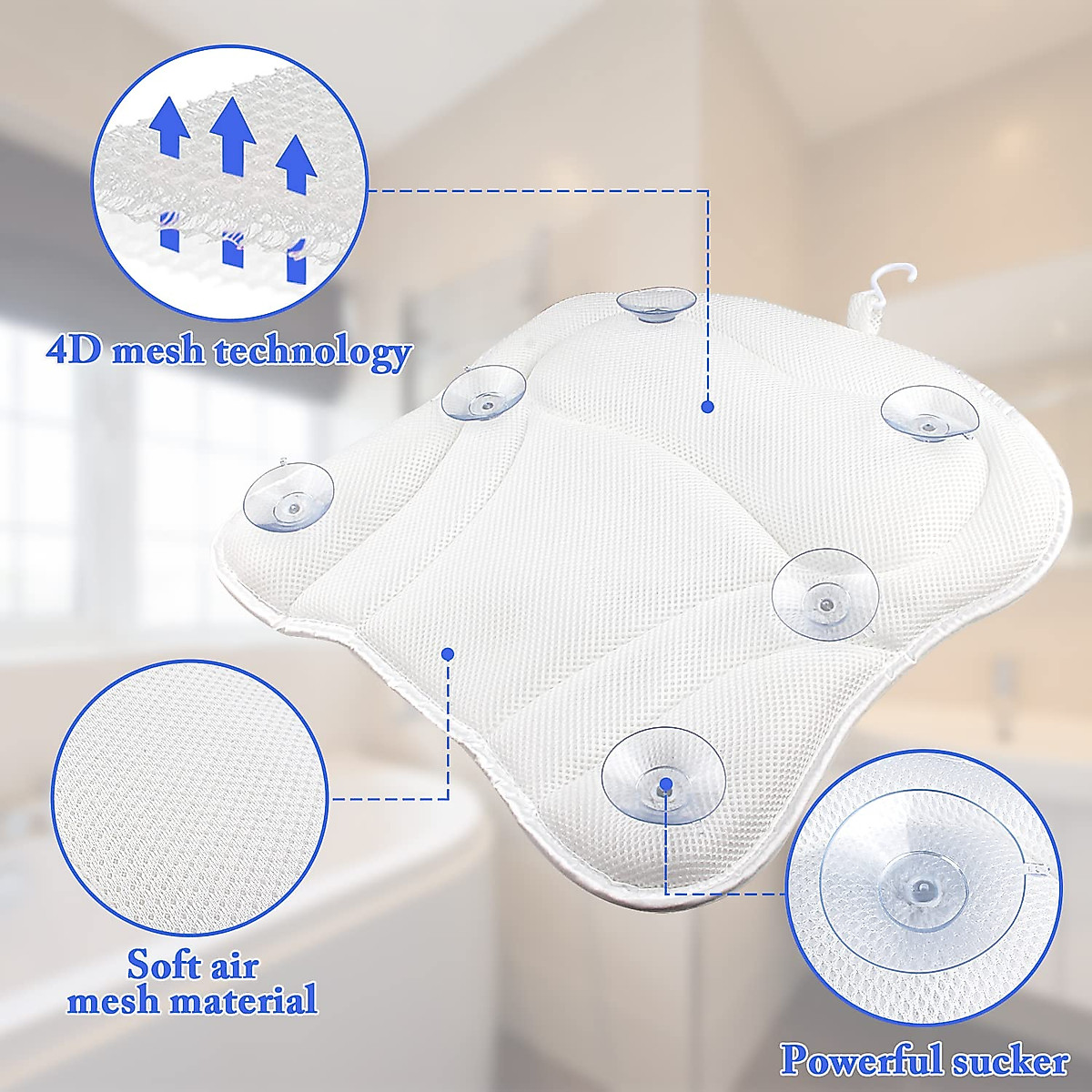 CAYCOIN Bath Pillow for Tub Comfort Bathtub Pillow, Ergonomic Bath Pillows for Tub Neck and Back Support with 6 Suction Cups, Ultra-Soft 4D Air Mesh Design SPA Tub Bath Pillow