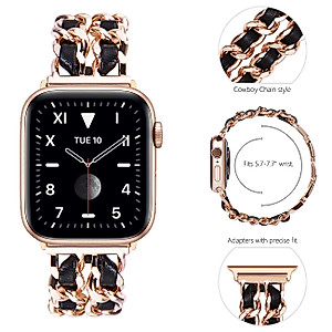 NewWays Compatible for Apple Watch Band Series 8 Series 7 41mm 40mm SE Series 6 5 4 3 38mm Jewelry Bracelet for iWatch Band Womens, Rose Gold Link with Black Leather