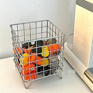 Alunsito Coffee Pod Holder Metal K Cup Rack Large Capacity Wire Storage Container Square Basket Organizers for Espresso, Tea, Snacks, Small Fruit, Rose Gold, 5.3*5.3*6.3in