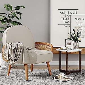 SHINEBOOM Accent Chairs Rattan Comfy Upholstered Modern Arm Chair for Living Room Reading Bedroom Balcony Faux Leather Chair, Beige