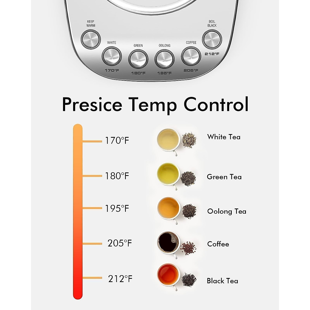 Electric Glass Tea Kettle with Infuser, 1.7L/1500W Fast Boiling, Stainless Steel, Temperature Control Tea Maker, BPA Free - Easy Lid Removal & Keep Warm Feature, Silver