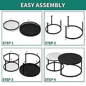 YITAHOME Nesting Coffee Table Set of 2, Modern Round Stacking Circle Coffee Tables with Storage, Wooden Top Metal Frame End Side Cocktail Tea Center Table for Living Room Home Office, Black and White