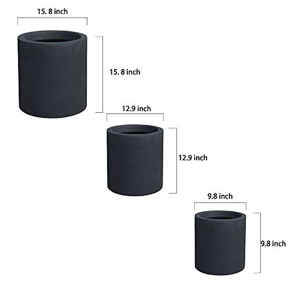 Kante 9.8",12.6",15.7" DiaConcrete Outdoor Modern Cylindrical Planters Set of 3, Charcoal