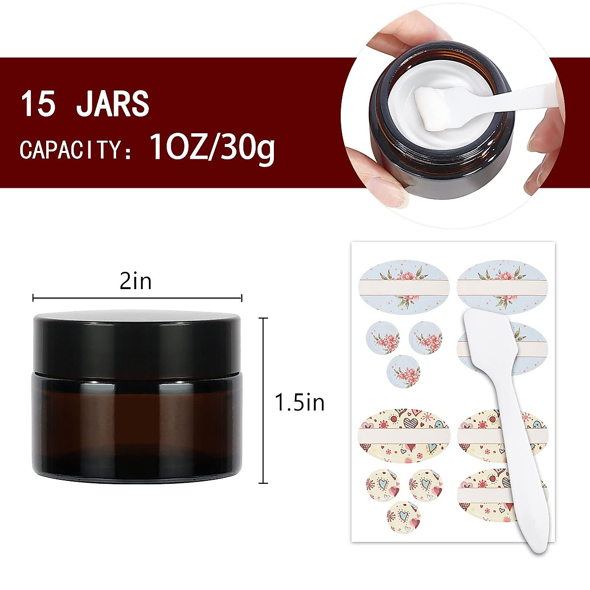 15 Pack 1 oz Empty Amber Glass Jars, 30ml Round Refillable Cosmetic Container Storage Jars with Inner Liners and Black Lids,Perfect Travel Jars for Cosmetics,Face Cream Lotion and More Beauty Products