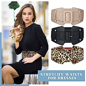 Geyoga 3 Pieces Women Waist Belt Elastic PU Leather Corset Cinch Belt Stretchy Retro Corset Belt Chunky Buckle Belts Waistband for Dresses, Leopard, Brown, Black