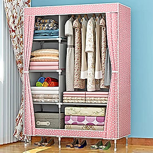 Wardrobe Portable Closet Clothes Storage Organizer with Pink Fabric Cover and Hanging Rails, Quick and Easy to Assemble, Extra Sturdy, Clothing Storage Closet Shelves for Bedroom, Cloakroom, Apartment