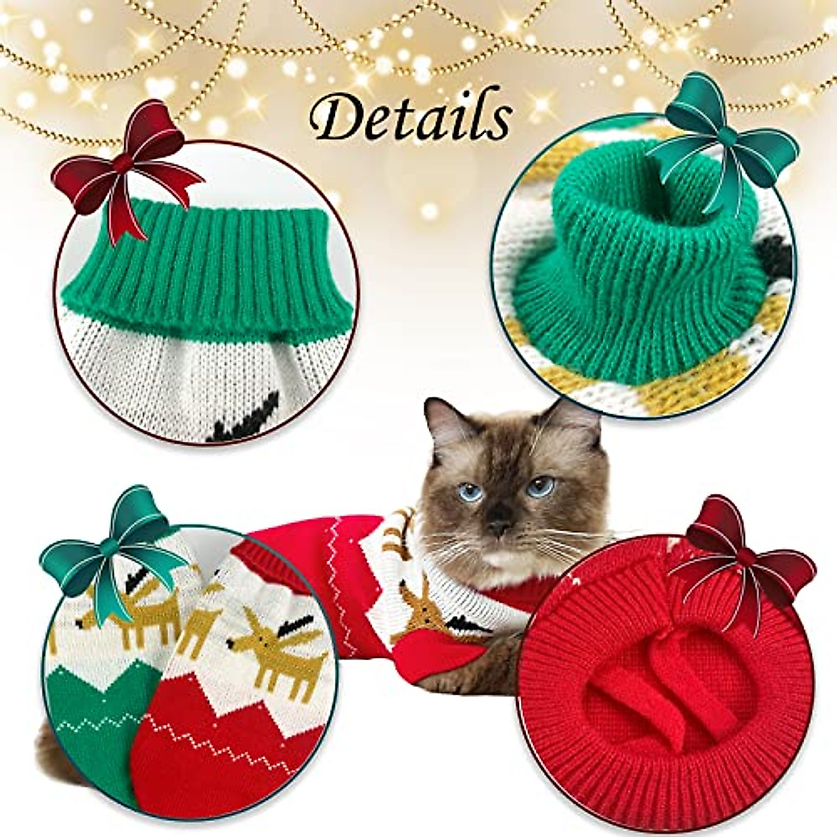 CooShou 2Pcs Cat Christmas Sweater Dog Christmas Sweater Cat Dog Knitwear Sweater Xmas Clothes Elk Christmas Red Green Sweaters for Cat Puppy Dog M