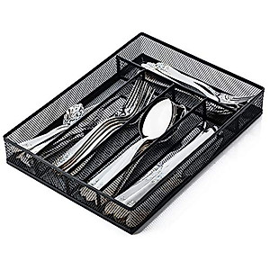 JANE EYRE Utensil Drawer Organizer, Cutlery Tray Silverware Flatware Storage Divider for Kitchen, Mesh Wire with Non-slip Foam Feet, 5 Component, Black