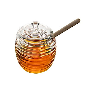 Touchstone Glass Honey Jar with Wood Dipper and Lid Perfect for Any Kitchen, Food Grade Glass Honey Jars with Dipper Material, The Honey Pot with Wooden Spoon, Honey holder, (3.5" x 4.3") (9 fl oz)